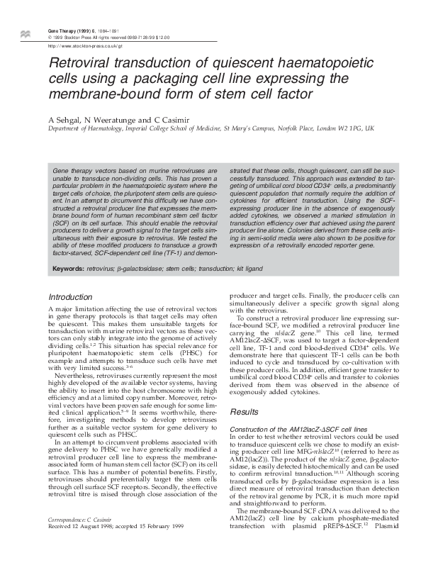 (PDF) Retroviral transduction of quiescent haematopoietic cells using a ...