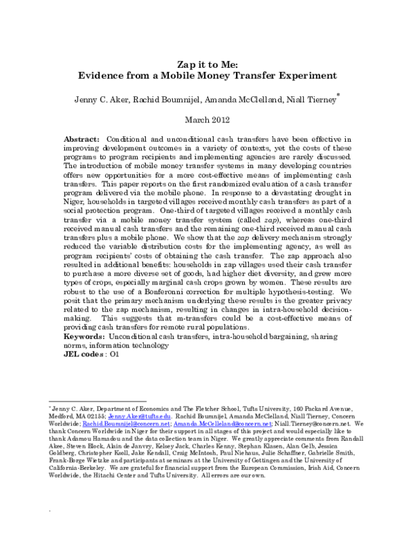 (PDF) Zap it to Me: Evidence from a Mobile Money Transfer Experiment