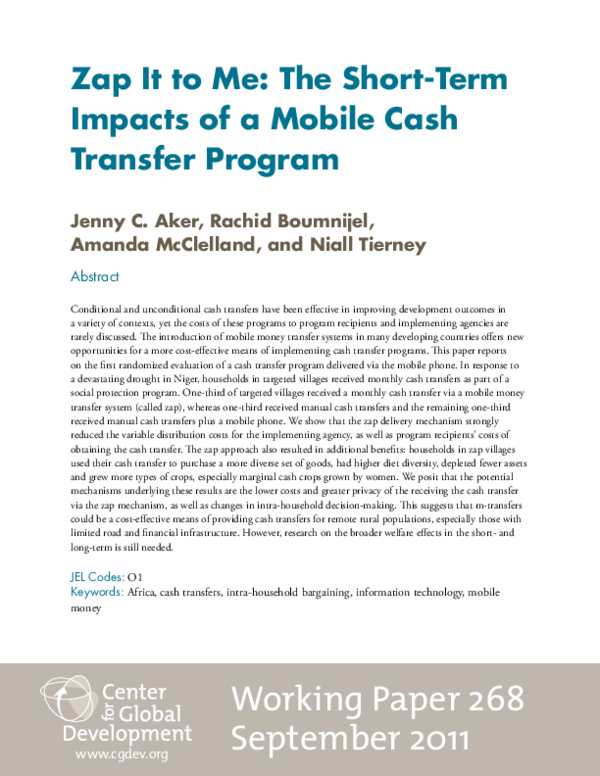 (PDF) Zap It to Me: The Short-Term Impacts of a Mobile Cash Transfer ...