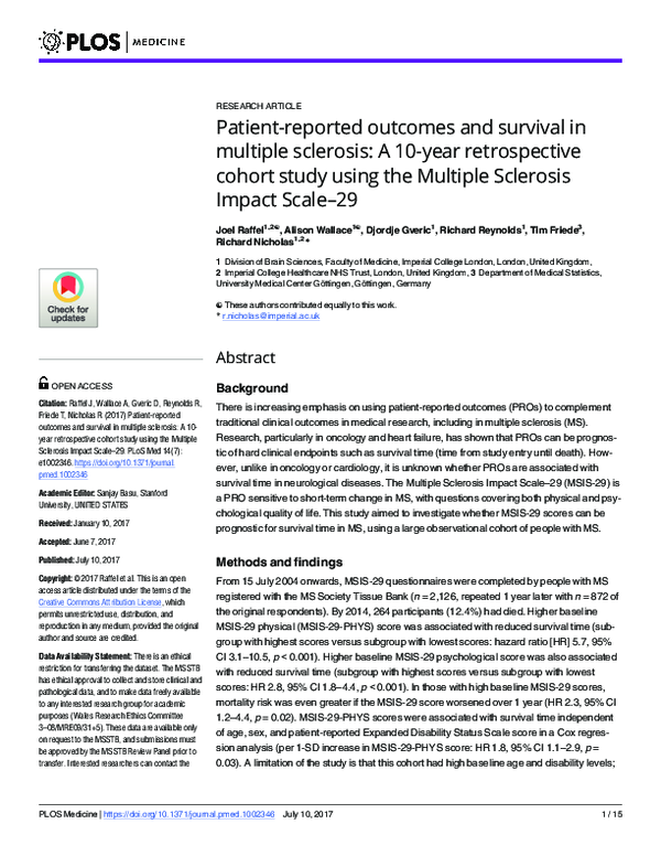 (PDF) Patient-reported outcomes and survival in multiple sclerosis: A 10-year retrospective ...