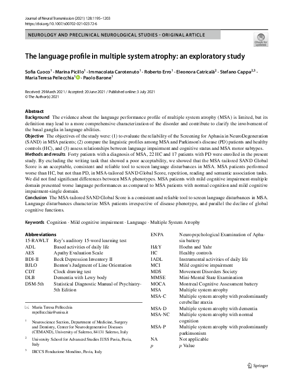 (PDF) The language profile in multiple system atrophy: an exploratory study