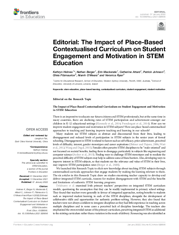 (PDF) Editorial: The Impact of Place-Based Contextualised Curriculum on ...