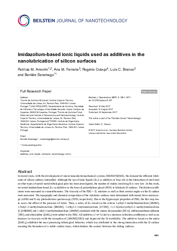 (PDF) Imidazolium-based ionic liquids used as additives in the nanolubrication of silicon surfaces