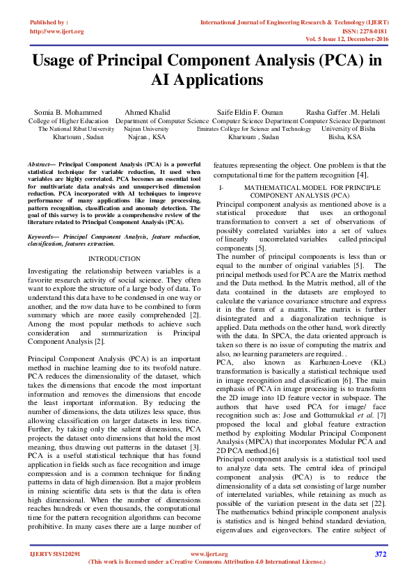 (PDF) Usage of Principal Component Analysis (PCA) in AI Applications