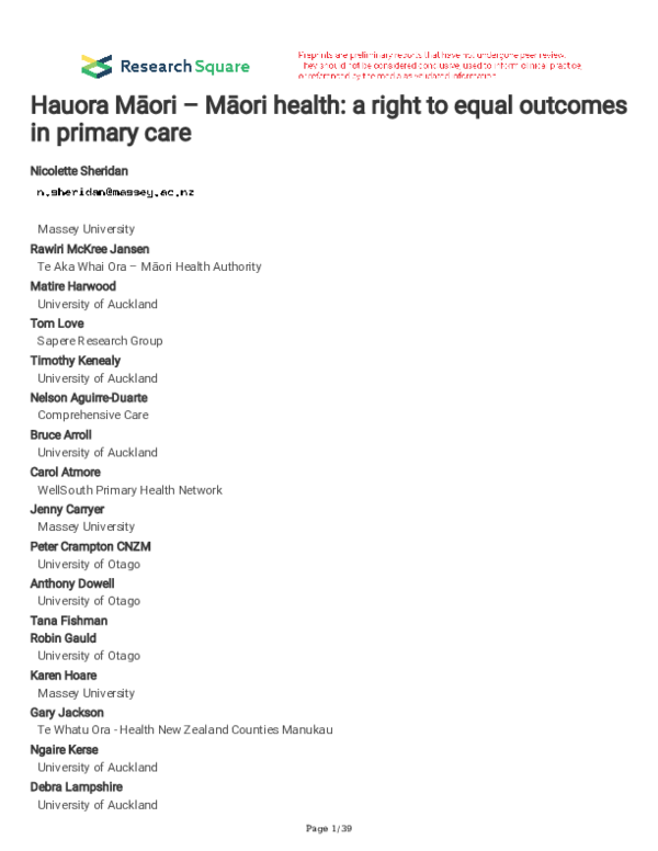 (PDF) Hauora Māori – Māori health: a right to equal outcomes in primary ...