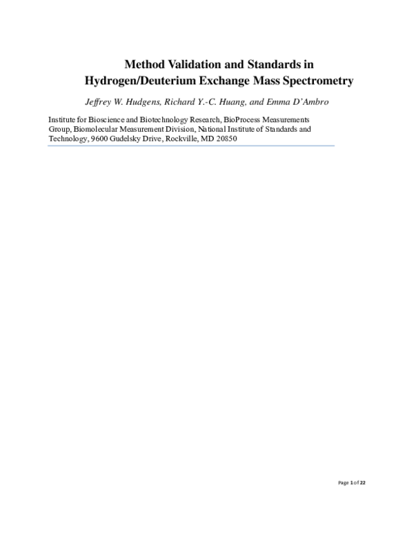 (PDF) Method Validation and Standards in Hydrogen/Deuterium Exchange Mass Spectrometry | NIST