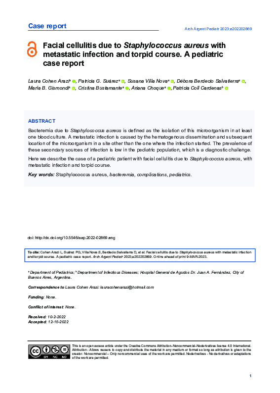 (PDF) Facial cellulitis due to Staphylococcus aureus with metastatic ...
