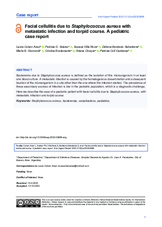 (PDF) Facial cellulitis due to Staphylococcus aureus with metastatic ...