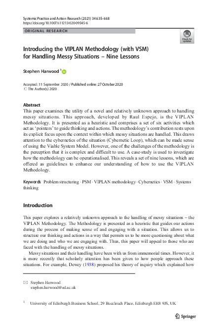 (PDF) Introducing the VIPLAN Methodology (with VSM) for Handling Messy Situations – Nine Lessons