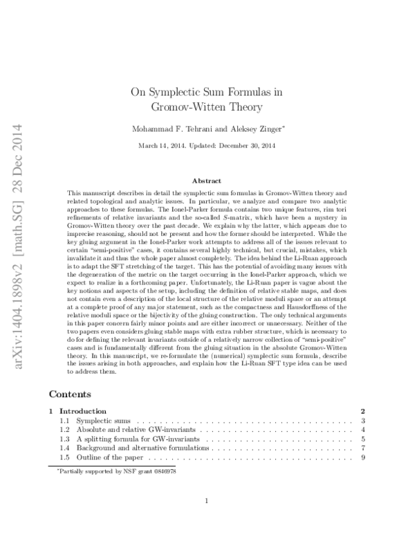(PDF) On Symplectic Sum Formulas in Gromov-Witten Theory