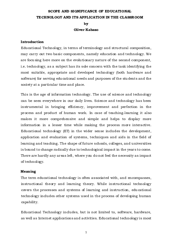 (PDF) SCOPE AND SIGNIFICANCE OF EDUCATIONAL TECHNOLOGY AND ITS ...
