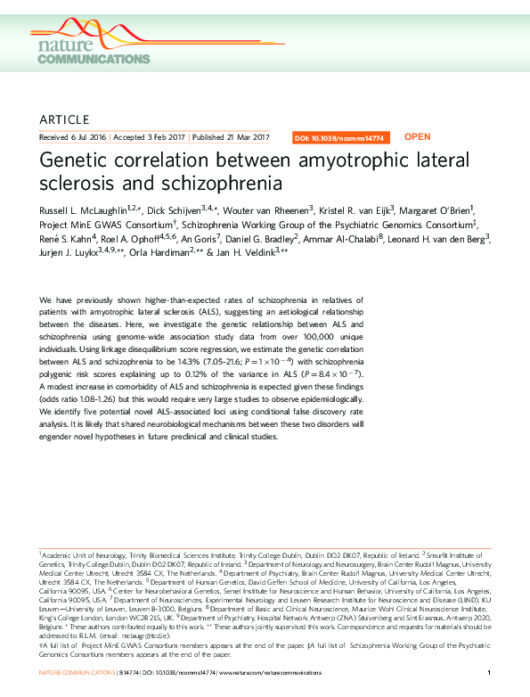 (PDF) Genetic correlation between amyotrophic lateral sclerosis and schizophrenia | Claudine ...