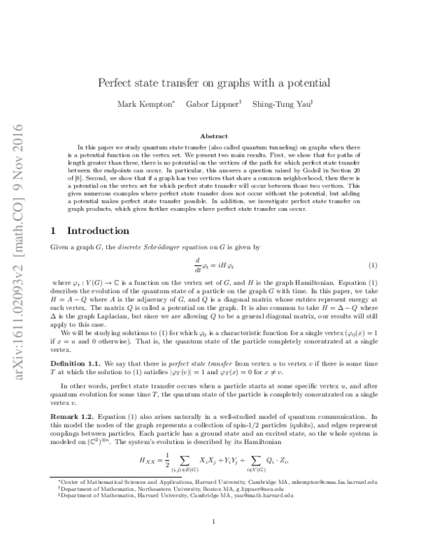 (PDF) Perfect state transfer on graphs with a potential