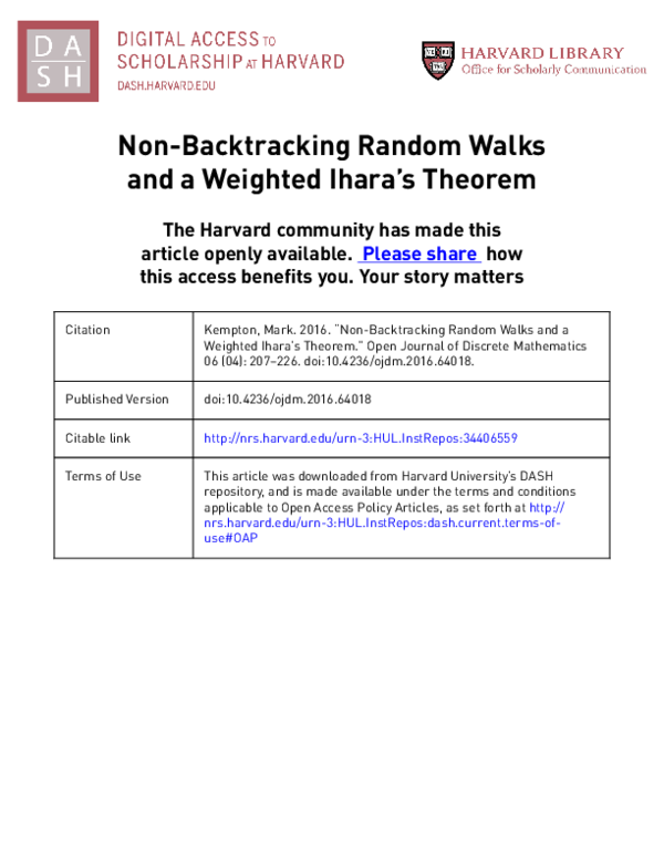 (PDF) Non-Backtracking Random Walks and a Weighted Ihara’s Theorem | Mark Kempton - Academia.edu
