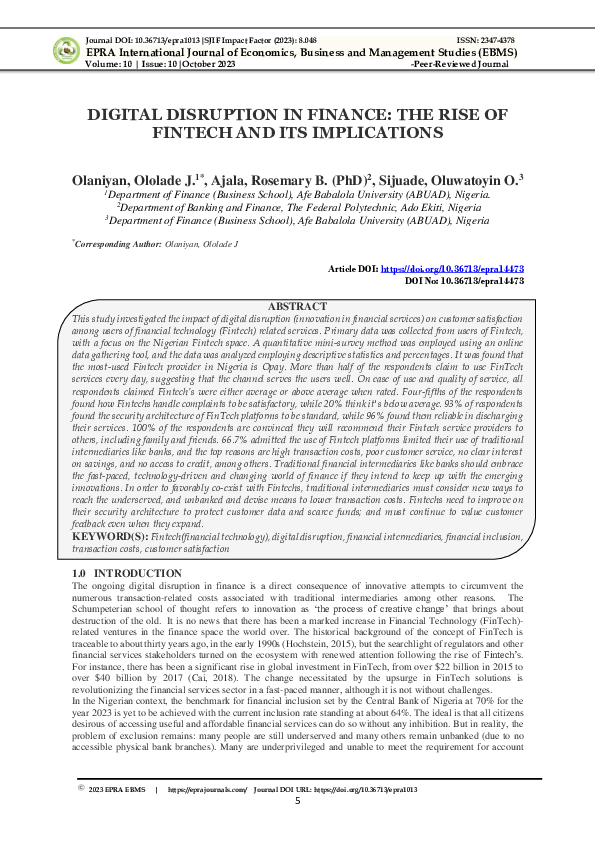 (PDF) DIGITAL DISRUPTION IN FINANCE: THE RISE OF FINTECH AND ITS ...