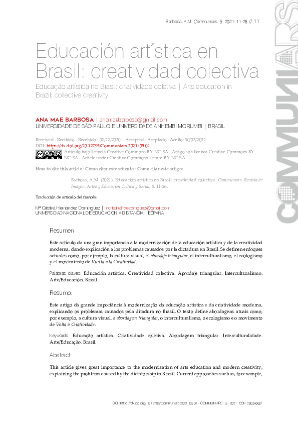 (PDF) Educación artística en Brasil: creatividad colectiva