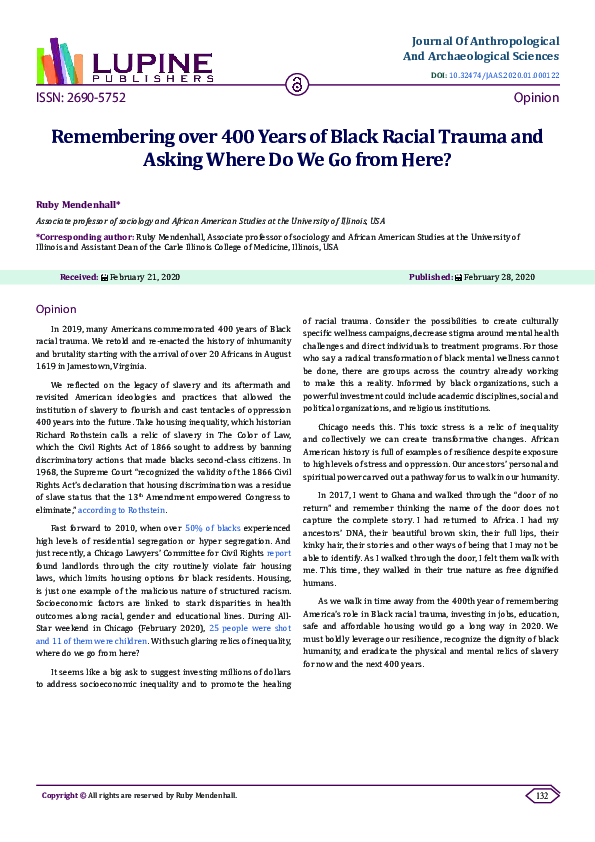 (PDF) Remembering over 400 Years of Black Racial Trauma and Asking ...