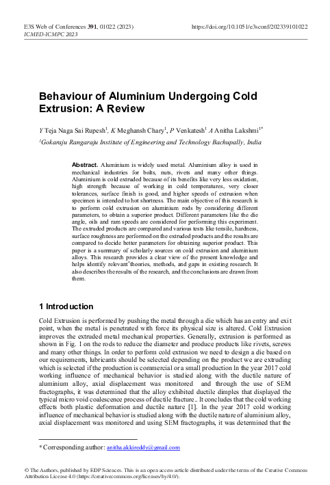 (PDF) Behaviour of Aluminium Undergoing Cold Extrusion: A Review