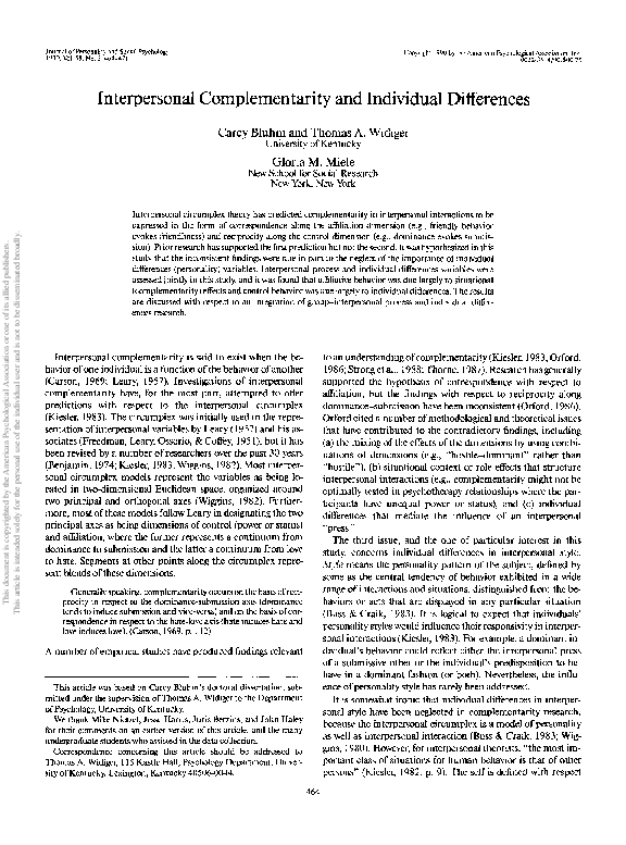 (PDF) Interpersonal complementarity and individual differences