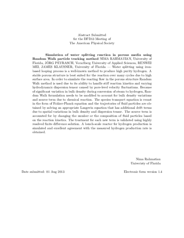 (PDF) Simulation of water splitting reaction in porous media using Random Walk particle tracking ...