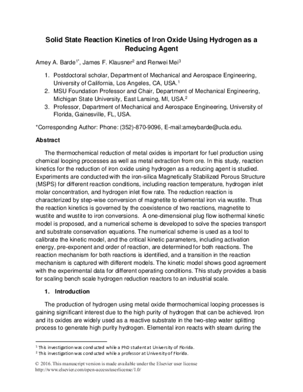 (PDF) Solid state reaction kinetics of iron oxide reduction using ...