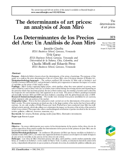 (PDF) The determinants of art prices: an analysis of Joan Miró