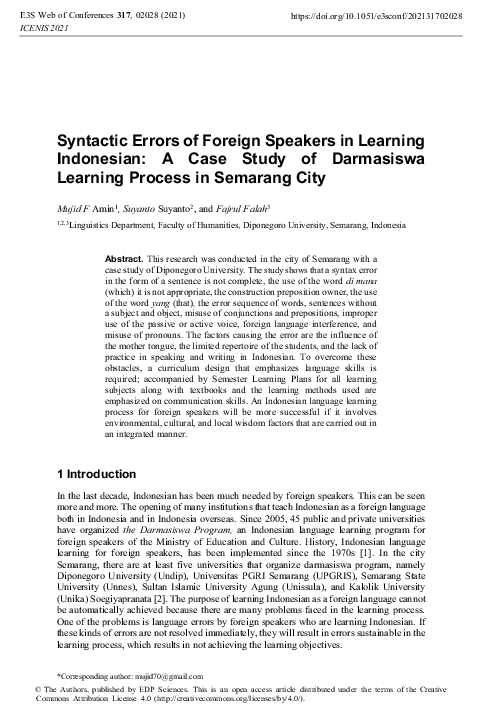 (PDF) Syntactic Errors of Foreign Speakers in Learning Indonesian: A Case Study of Darmasiswa ...