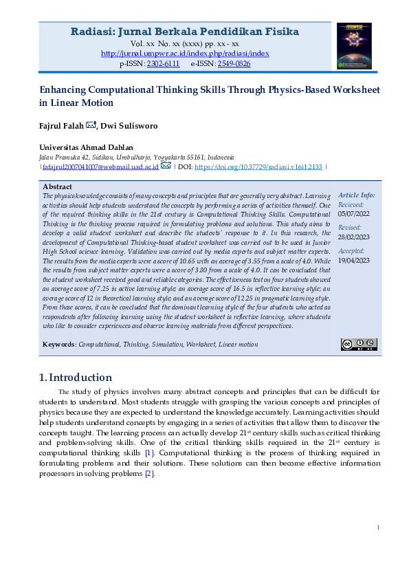 (PDF) Enhancing Computational Thinking Skills Through Physics-Based ...
