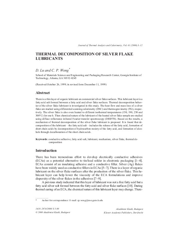 (PDF) Thermal Decomposition of Silver Flake Lubricants