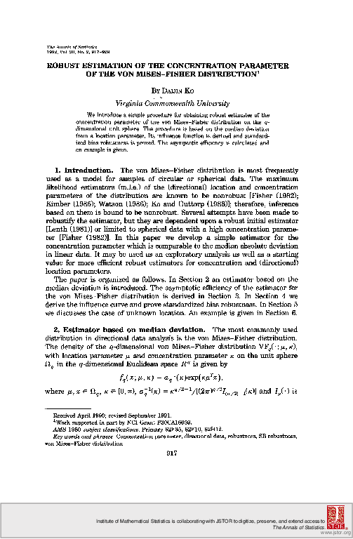 (PDF) Robust Estimation of the Concentration Parameter of the Von Mises-Fisher Distribution