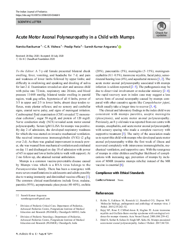 (PDF) Acute Motor Axonal Polyneuropathy in a Child with Mumps