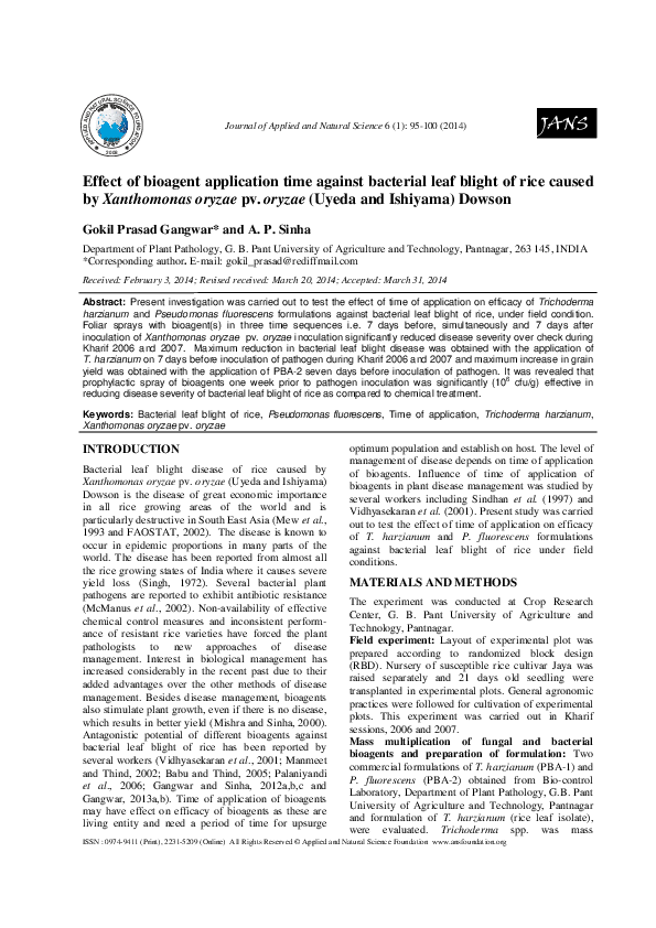 (PDF) Effect of bioagent application time against bacterial leaf blight of rice caused by ...
