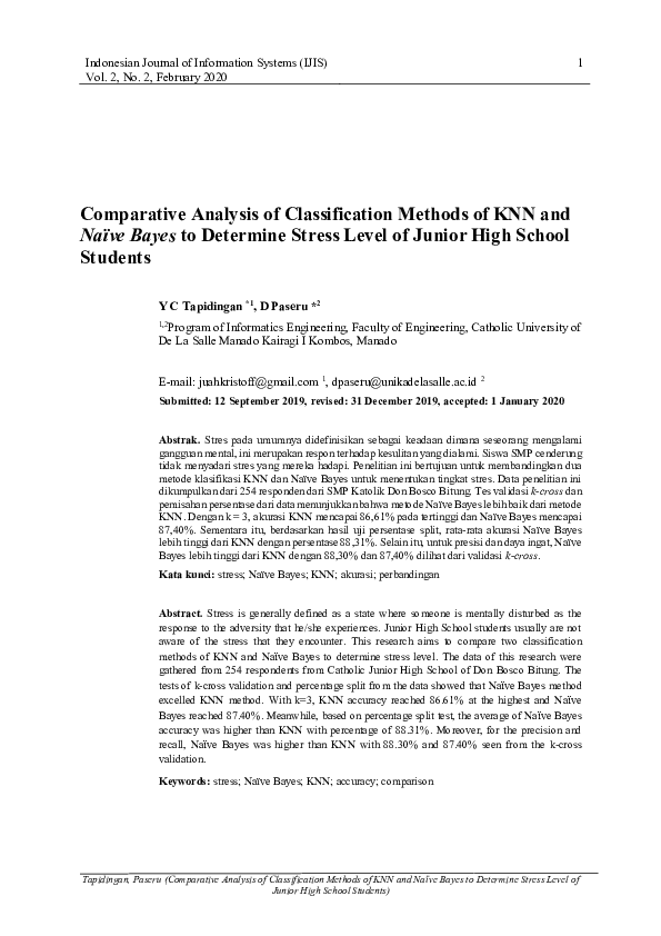 Pdf Comparative Analysis Of Classification Methods Of Knn And Naïve 