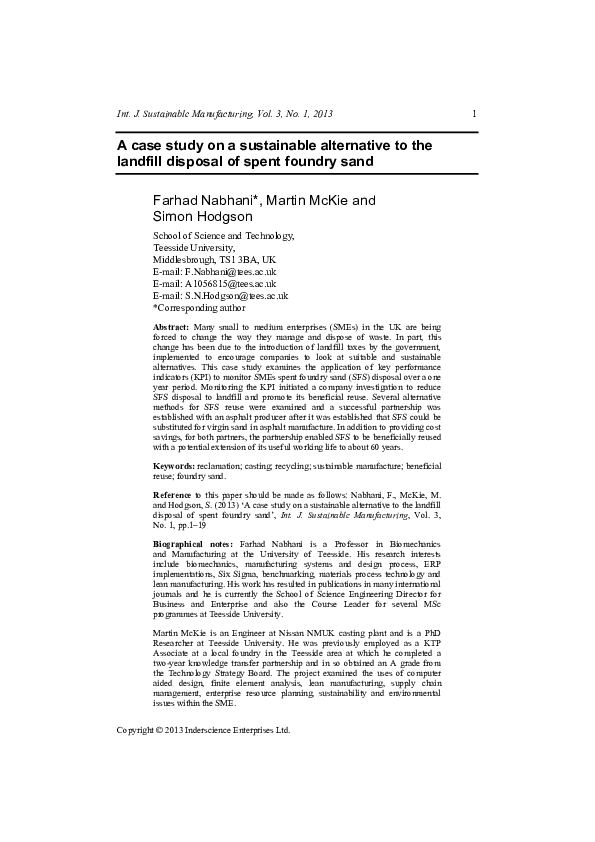 (PDF) A case study on a sustainable alternative to the landfill disposal of spent foundry sand