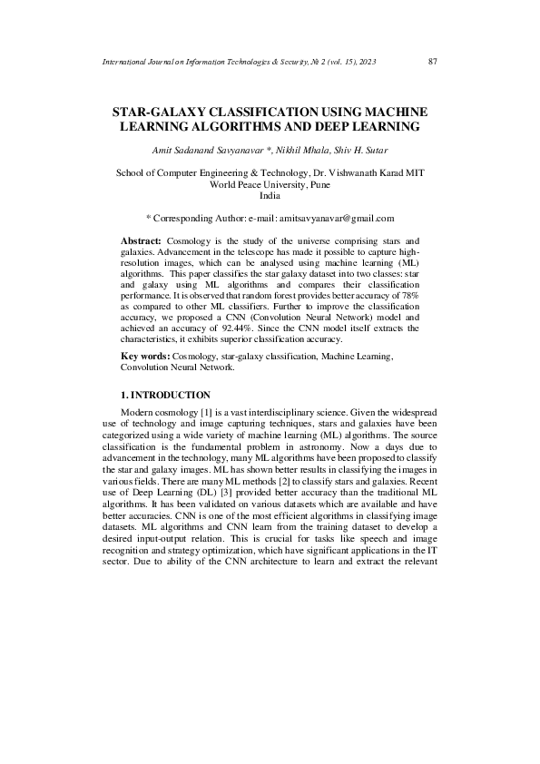 Pdf Star Galaxy Classification Using Machine Learning Algorithms And Deep Learning