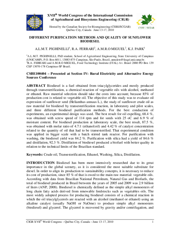 (PDF) Different purification methods and quality of sunflower biodiesel