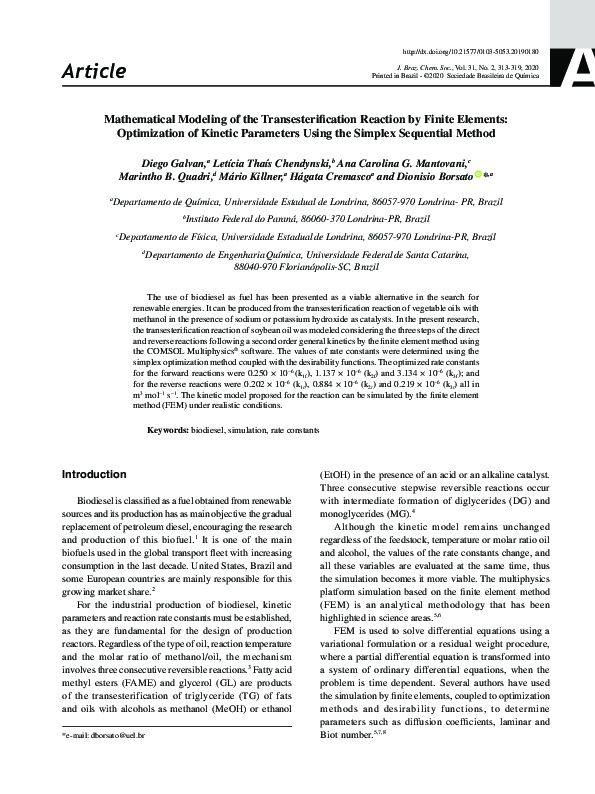 (PDF) Mathematical Modeling of the Transesterification Reaction by ...