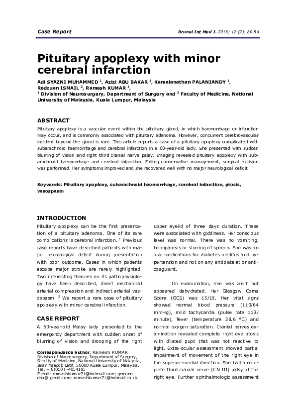 (PDF) Pituitary apoplexy with minor cerebral infarction