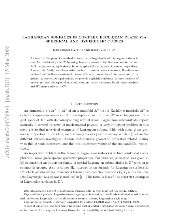 (PDF) Lagrangian surfaces in complex Euclidean plane via spherical and hyperbolic curves