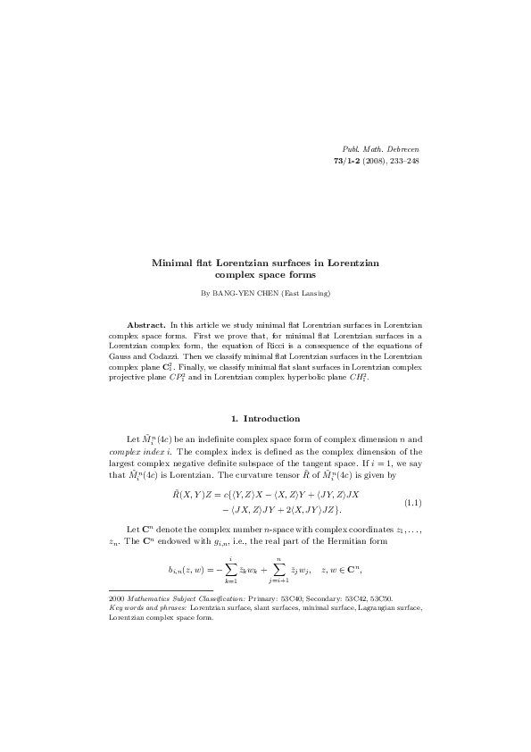(PDF) Minimal flat Lorentzian surfaces in Lorentzian complex space forms