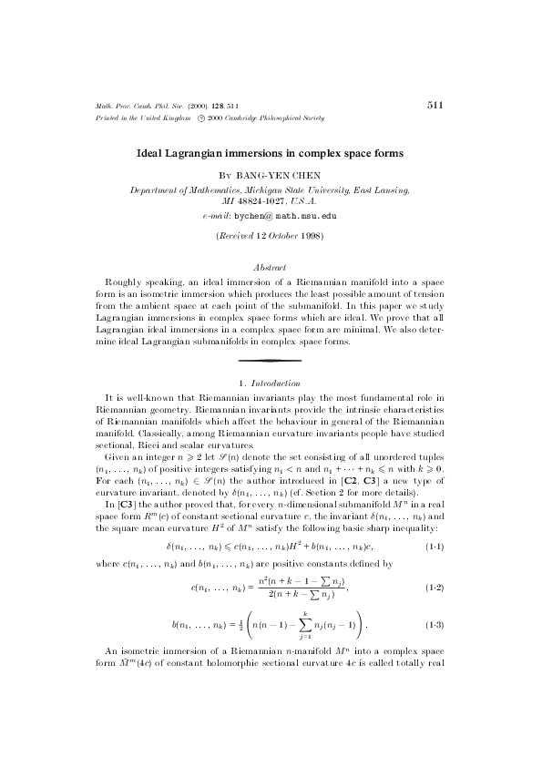 (PDF) Ideal Lagrangian immersions in complex space forms
