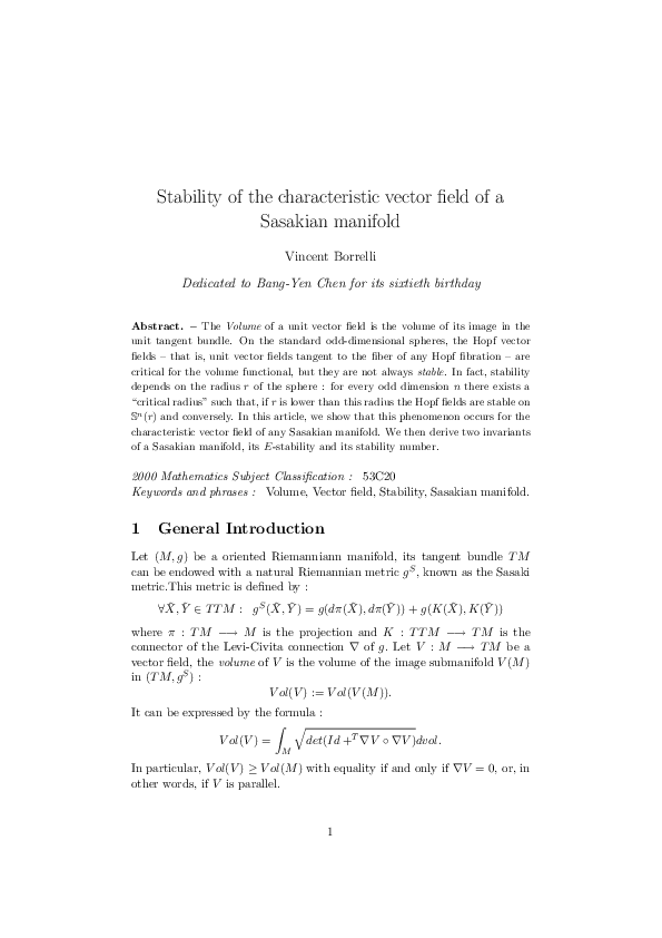 (PDF) Stability of the Characteristic Vector Field of a Sasakian Manifold