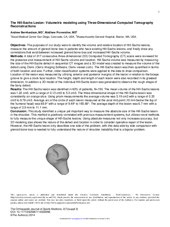 (PDF) The Hill-Sachs Lesion: Volumetric modeling using Three-Dimensional Computed Tomography ...