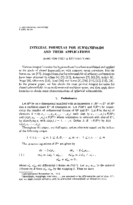 (PDF) Integral formulas for submanifolds and their applications
