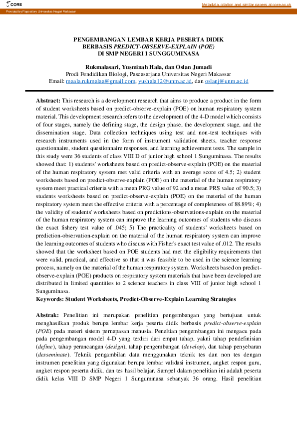 (PDF) Pengembangan Lembar Kerja Peserta Didik Berbasis Predict-Observe-Explain (Poe) DI SMP ...