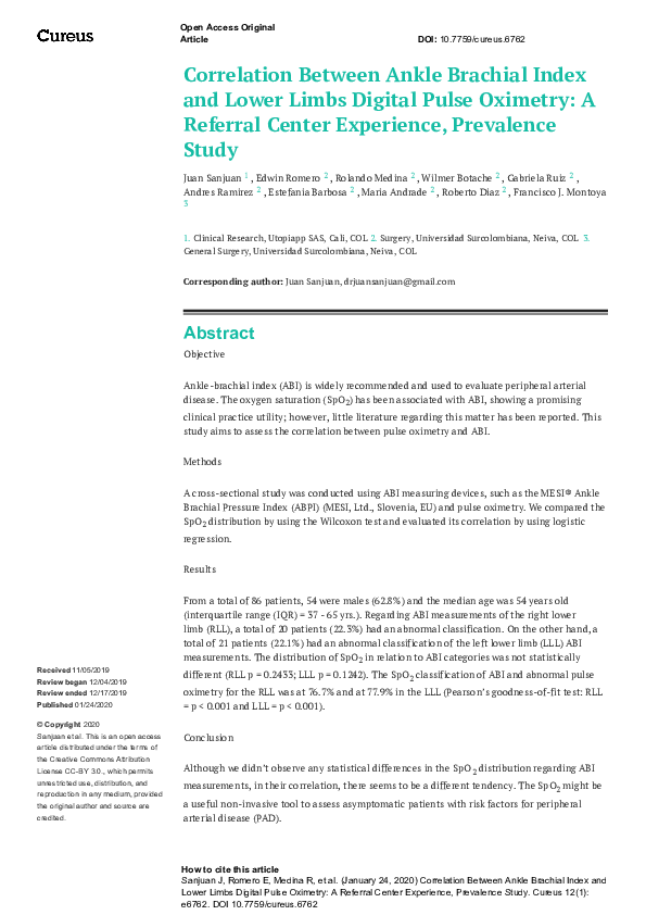 (PDF) Correlation Between Ankle Brachial Index and Lower Limbs Digital Pulse Oximetry: A ...