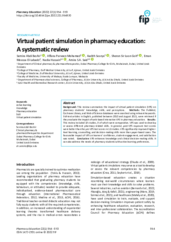 (PDF) Virtual patient simulation in pharmacy education: A systematic ...