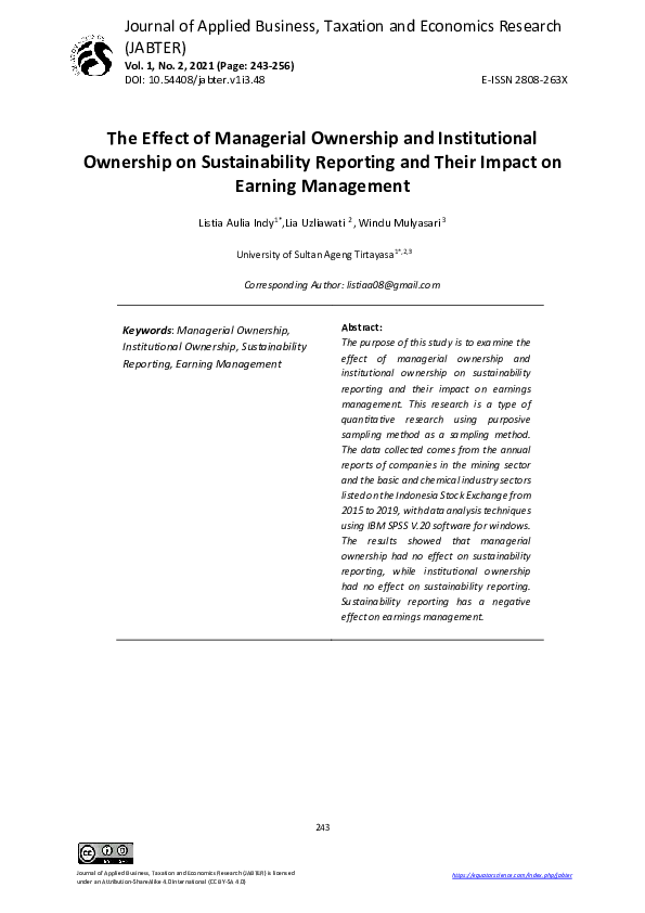 (PDF) The Effect of Managerial Ownership and Institutional Ownership on Sustainability Reporting ...