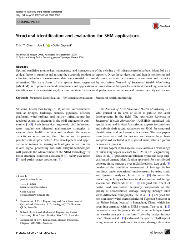 (PDF) Structural identification and evaluation for SHM applications