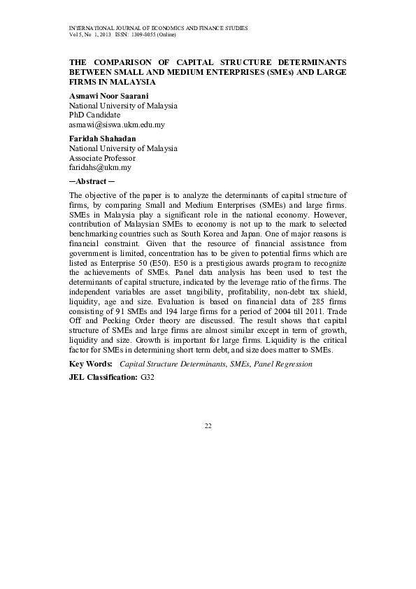(PDF) THE COMPARISON OF CAPITAL STRUCTURE DETERMINANTS BETWEEN SMALL ...